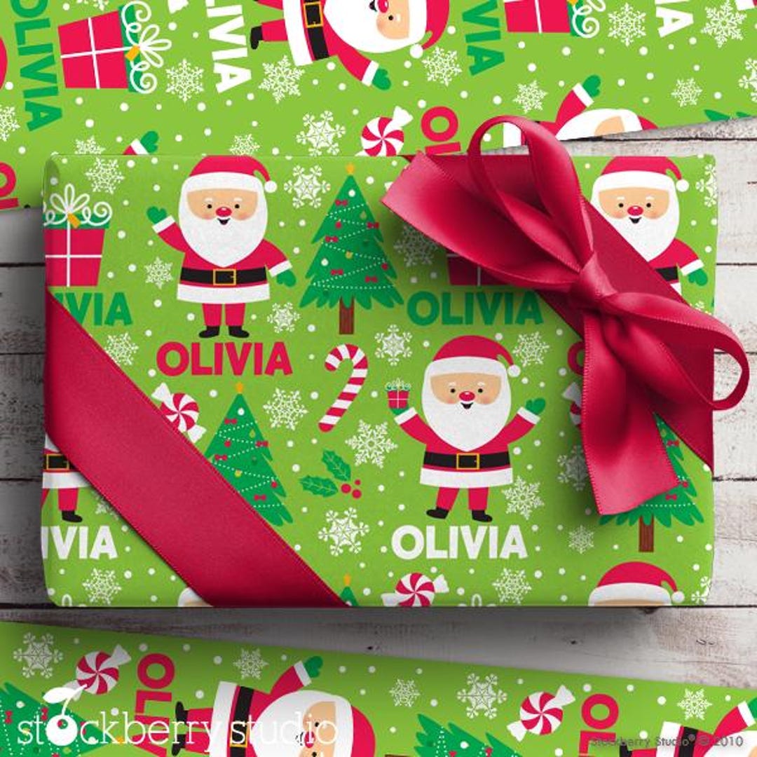Santa Wrapping Paper Personalized Christmas Tree Children's Gift Wrap ...