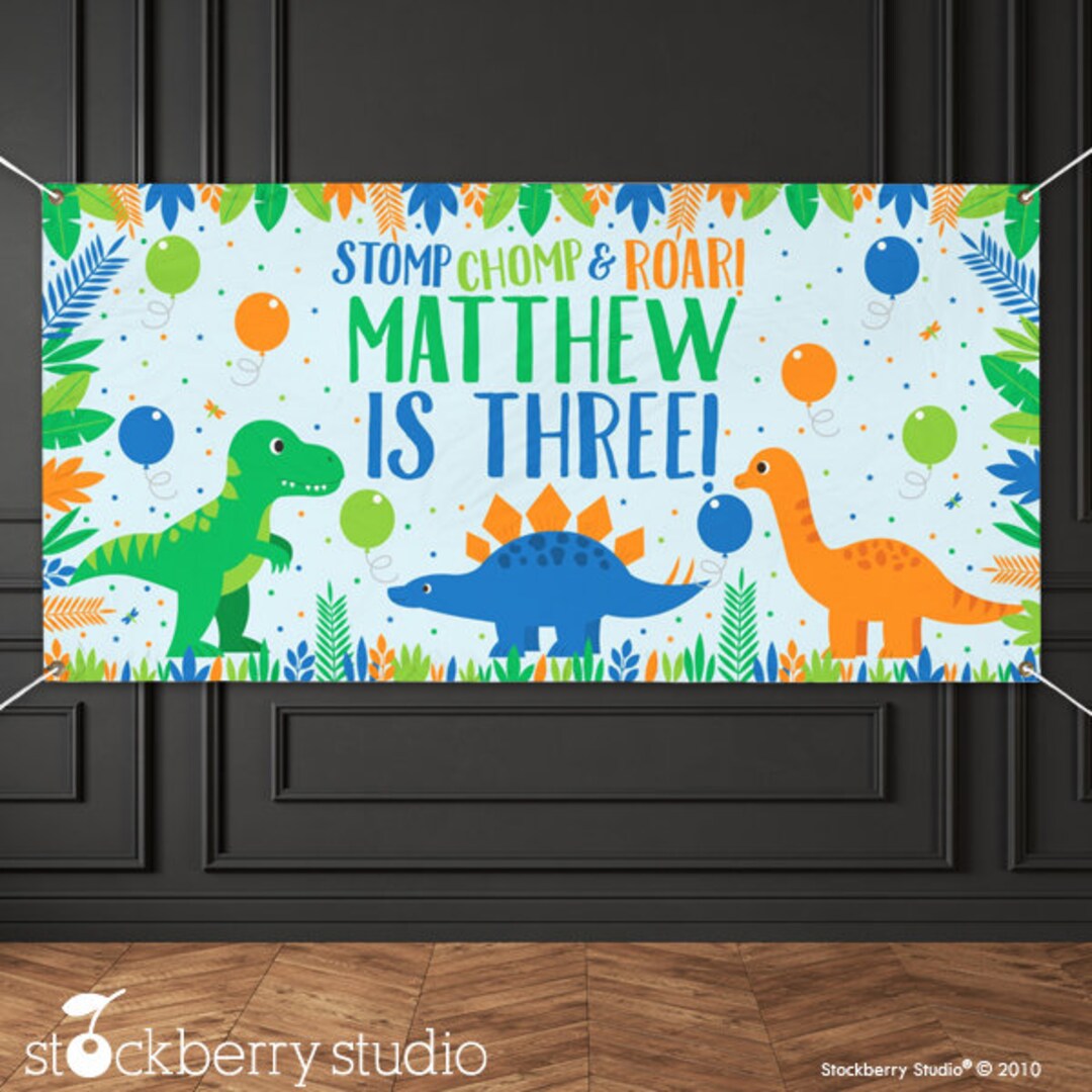 Dinosaur Birthday Banner Personalized Three Rex Banner Dinosaur ...