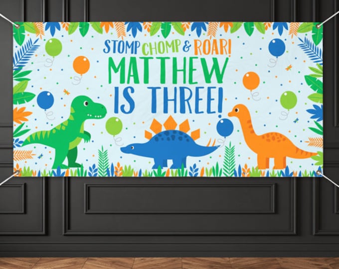 Dinosaur Birthday Banner Personalized Three Rex Banner Dinosaur ...