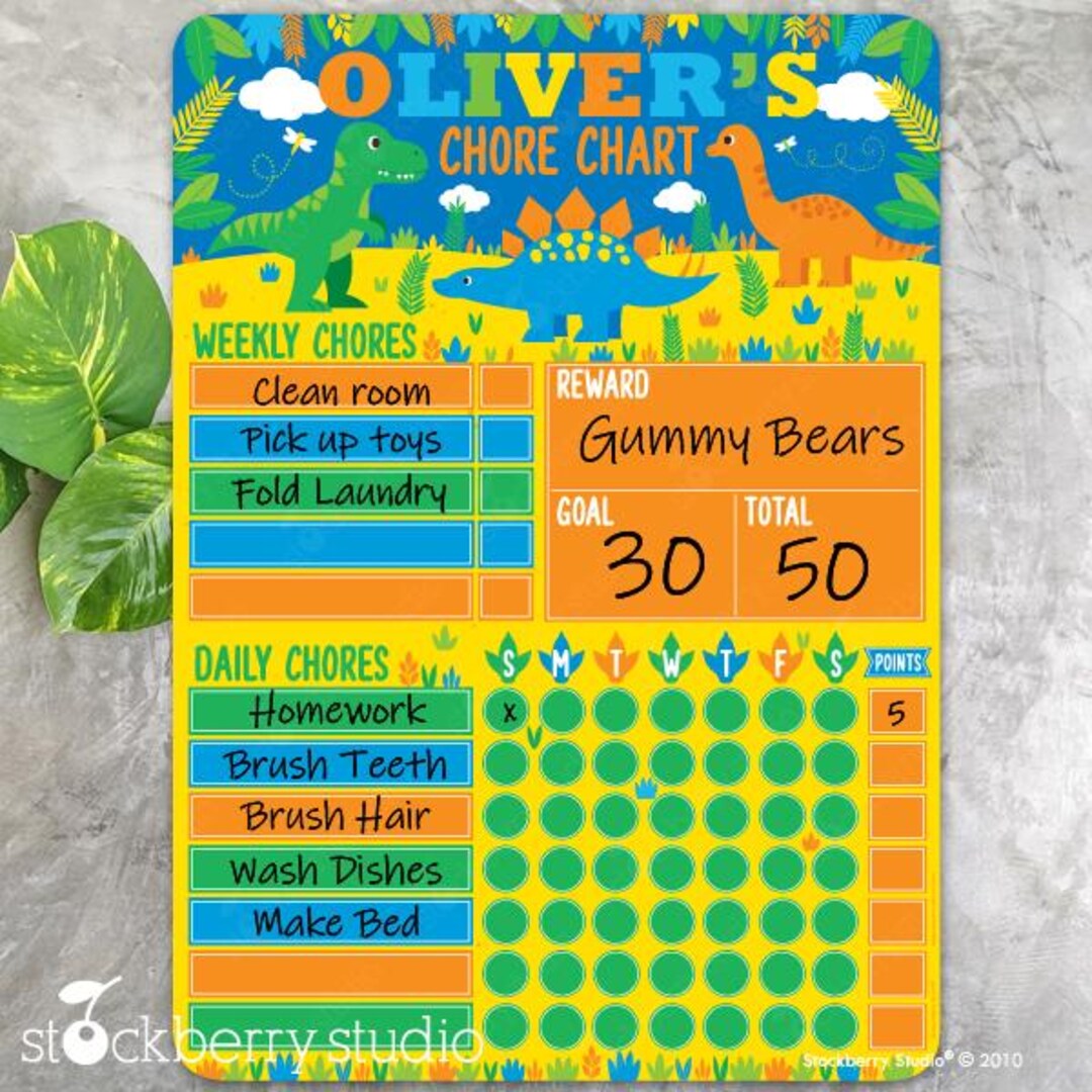 Dinosaur Chore Chart Dry Erase Board Reusable Personalized Boy Reward ...