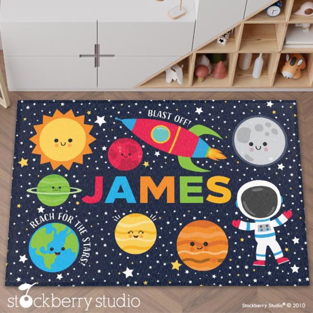 Space Area Rug Kids Room Planets Play Mat Boy Nursery Decor Toddler ...