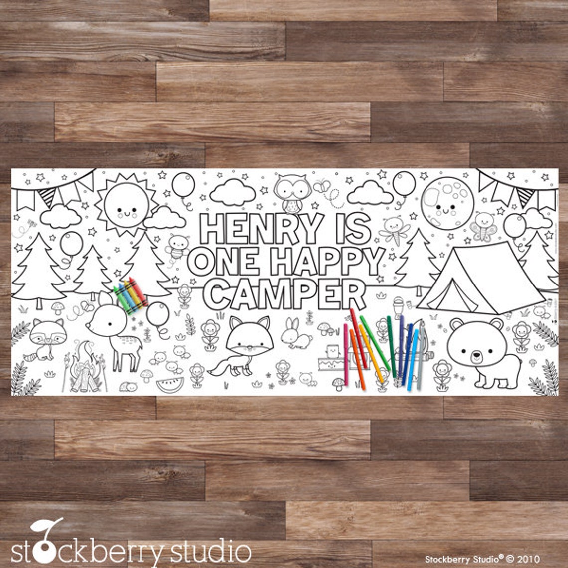 Camp Coloring Tablecloth Decorations One Happy Camper Birthday Camping ...