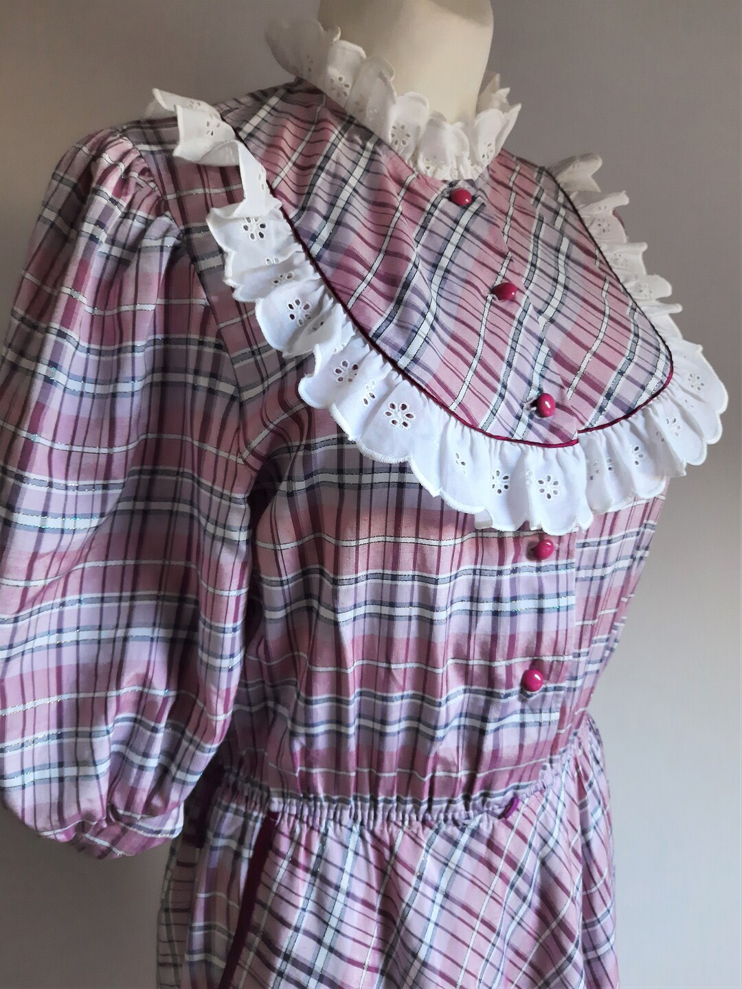 Vintage 1970s 1980s C&A Pink Violet Plaid Ruffle Broderie Anglaise High ...