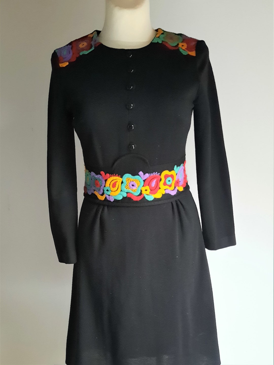 Vintage 1970s Black Floral Embroidered Courtelle Dress Folk - Etsy UK