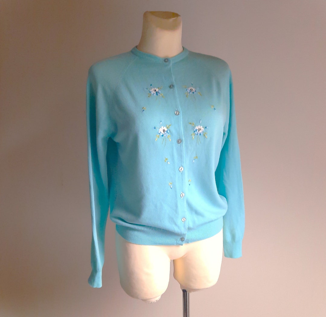 St. Michael Vintage 1960s 1970s Baby Blue Embroidered Floral Courtelle ...