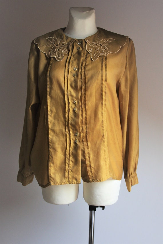 Vintage 1980s gold embroidered collar secretary blouse size 40 | Etsy