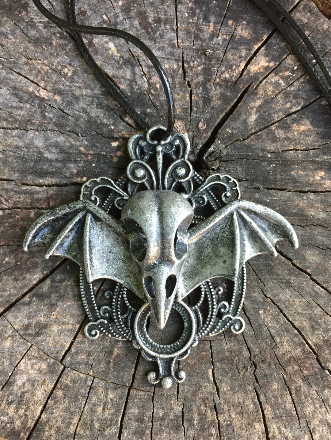 Deathbat Winged Crow Skull Gothic Necklace Pendant, Halloween Costume ...