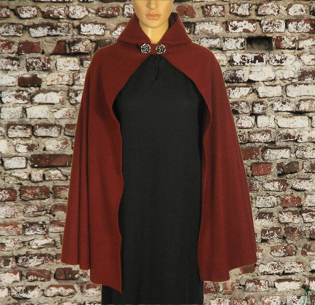Burgundy Fleece Hooded Cape Cloak, Medieval Cosplay Costume, Hobbit ...
