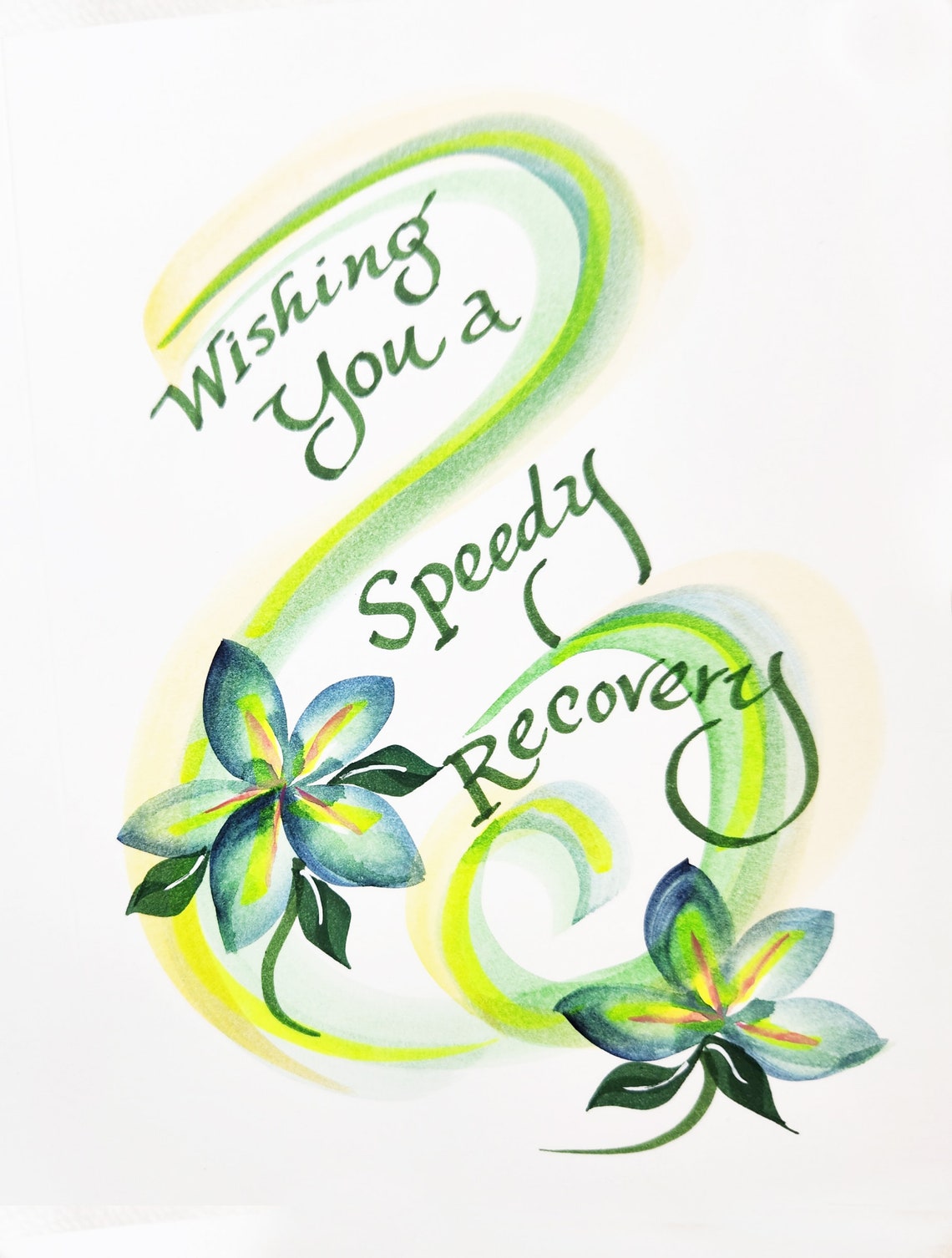Get Well Soon. Original Watercolor and Calligraphy Greeting Card. Green ...