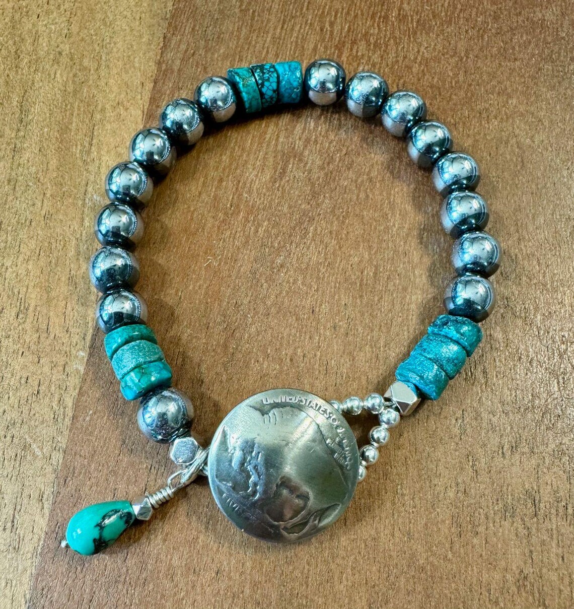 Real Turquoise Bracelet With Real Buffalo Nickel Button Closure and ...