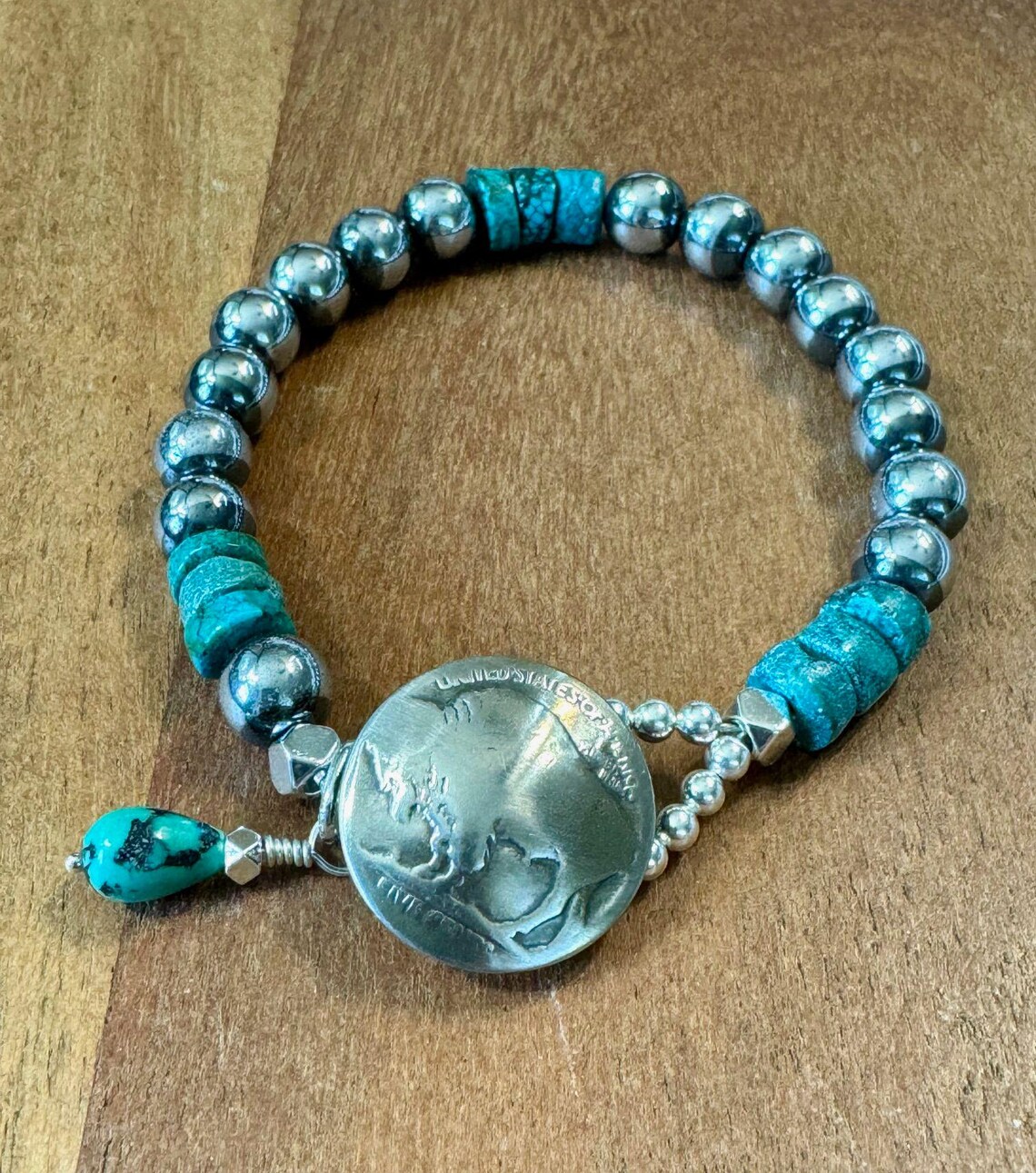 Real Turquoise Bracelet With Real Buffalo Nickel Button Closure and ...
