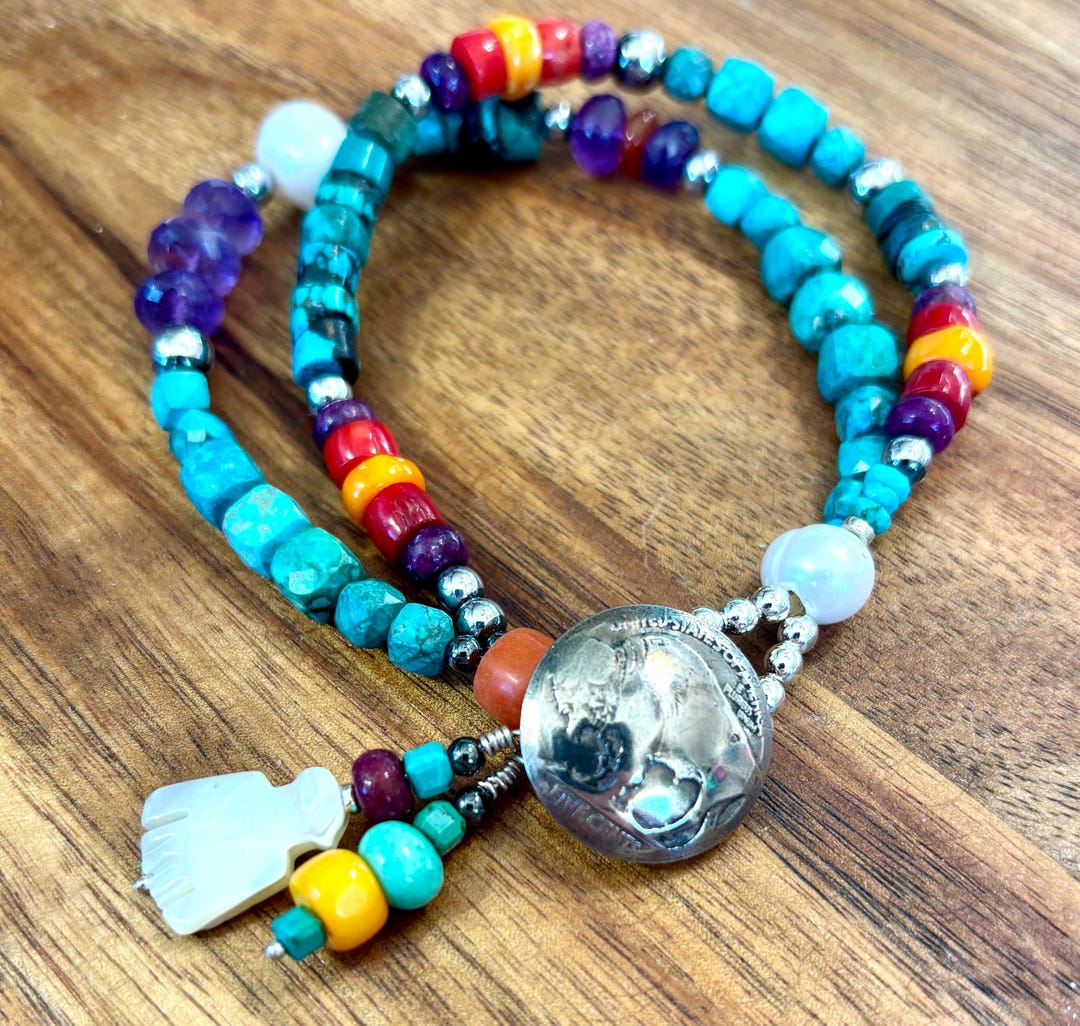 Real Turquoise Bracelet With Real Buffalo Nickel Button Closure Double ...