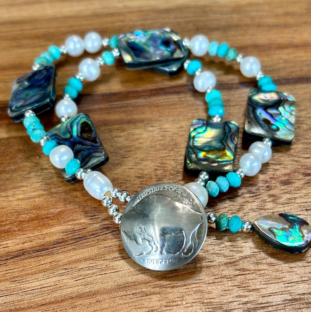Real Turquoise Bracelet With Real Buffalo Nickel Button Closure Double ...
