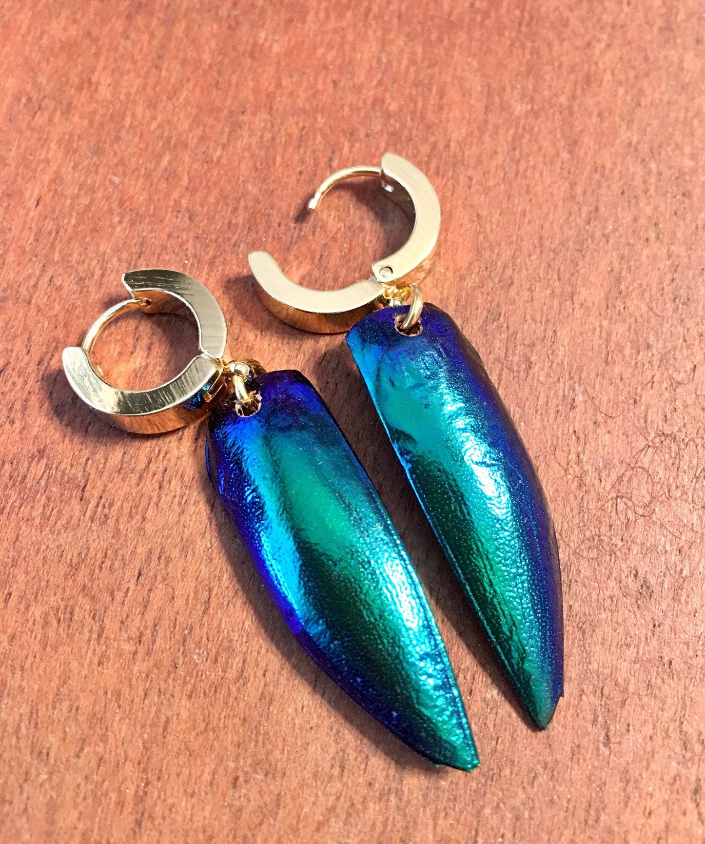 Real Elytra Beetle Wings on Huggie Hoop Earrings in Electric - Etsy