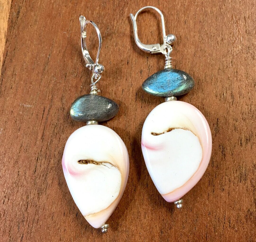 Queen Conch Shell and Labradorite Earrings on Lever Back Ear Wires ...