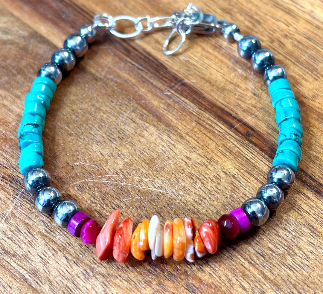 Turquoise Bracelet With Jasper, Tiger Eye, Navajo Pearls Adjustable - Etsy