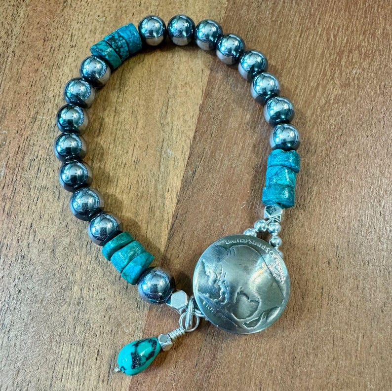 Real Turquoise Bracelet With Real Buffalo Nickel Button Closure and ...