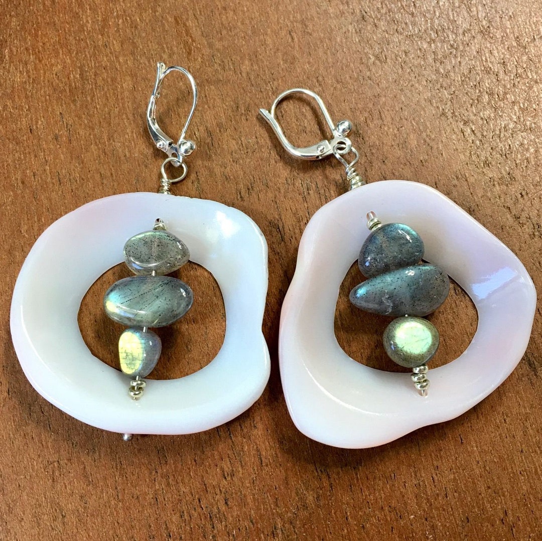 Queen Conch Shell and Labradorite Earrings on Lever Back Ear Wires ...