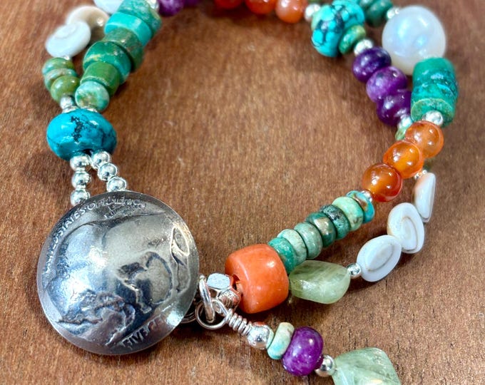 Real Turquoise Bracelet With Real Buffalo Nickel Button Closure Double ...