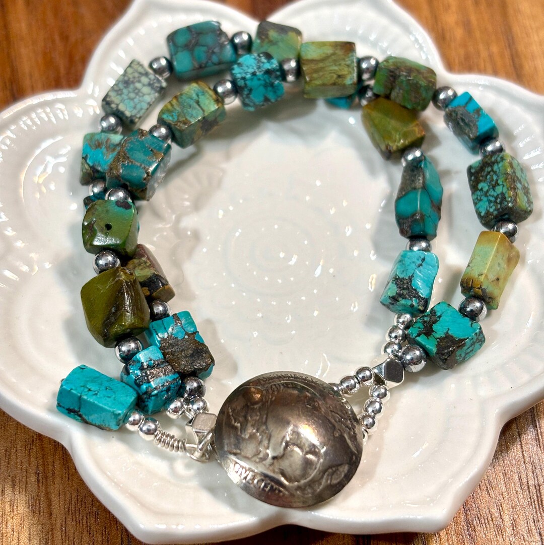 Real Turquoise Bracelet With Real Buffalo Nickel Button Closure Double ...