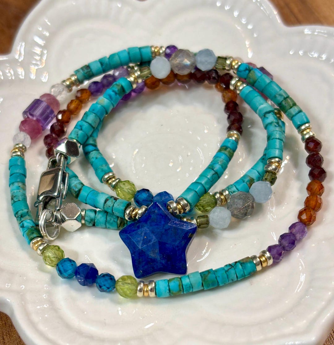 Lapis Star and Turquoise Necklace With Gemstones Amethyst, Orange ...