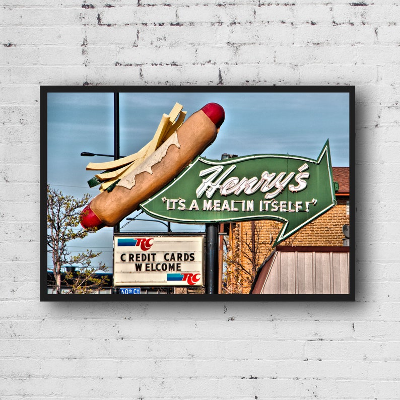 Route 66 Print: Henry's Hot Dogs Neon Sign, Vintage Wall Art - Etsy