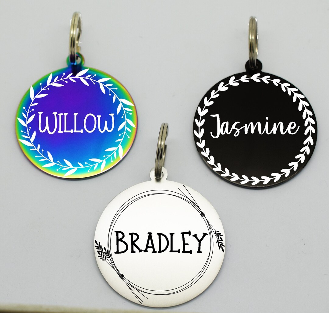 Engraved Pet ID Tag: Flower Wreath Design, Personalized Cat & Dog Tag ...