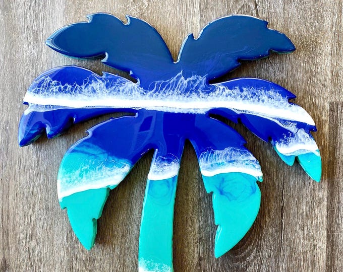 Dark Blue/aquamarine Tones Palm Tree Ocean Resin With Waves, Resin ...