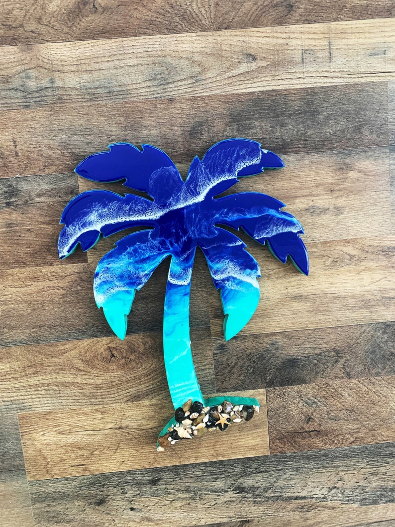 Dark Blue/aquamarine Tones Palm Tree Ocean Resin With Waves - Etsy