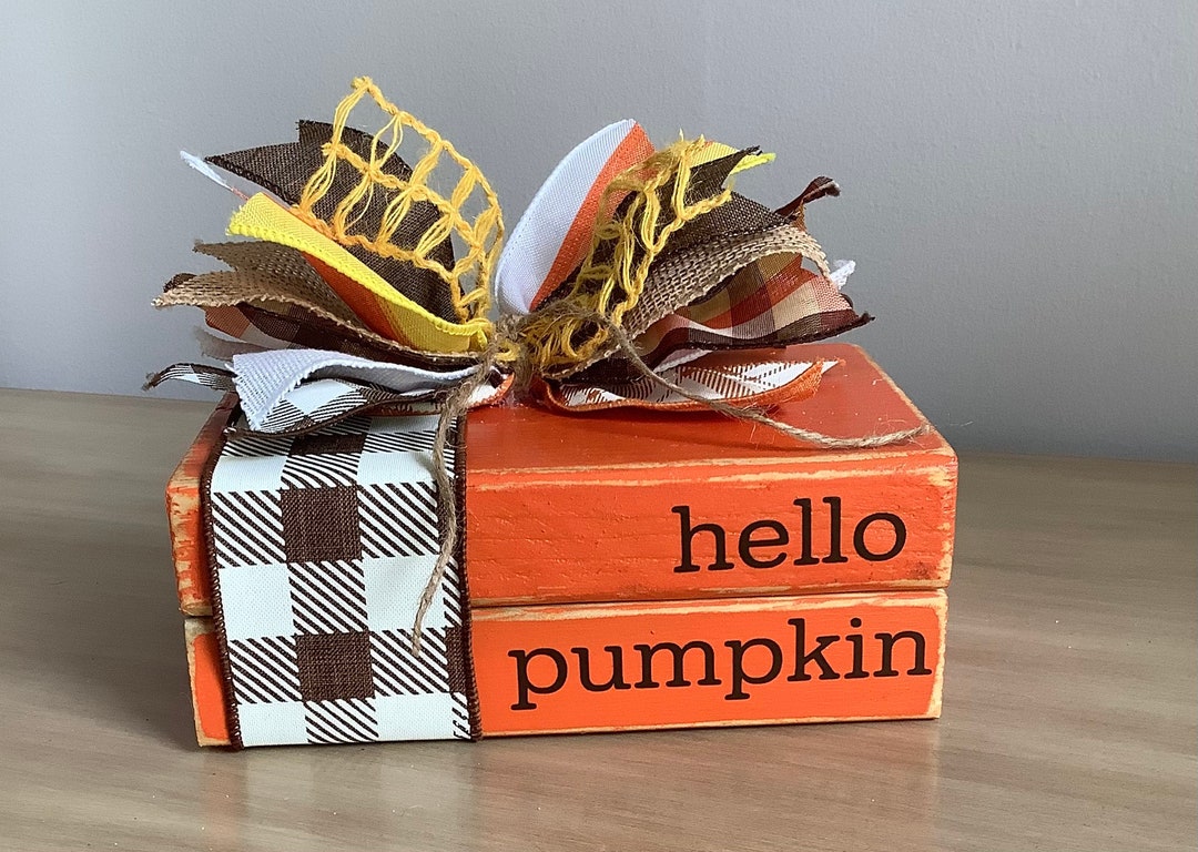 Fall Farmhouse Book Stack, Farmhouse Wooden Decoration, Hello Pumpkin ...