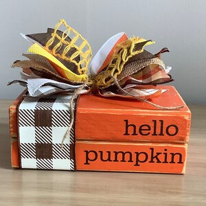 Fall Farmhouse Book Stack, Farmhouse Wooden Decoration, Hello Pumpkin ...