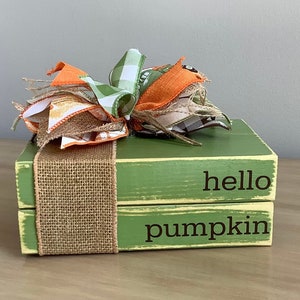 Fall Farmhouse Book Stack, Farmhouse Wooden Decoration, Hello Pumpkin ...