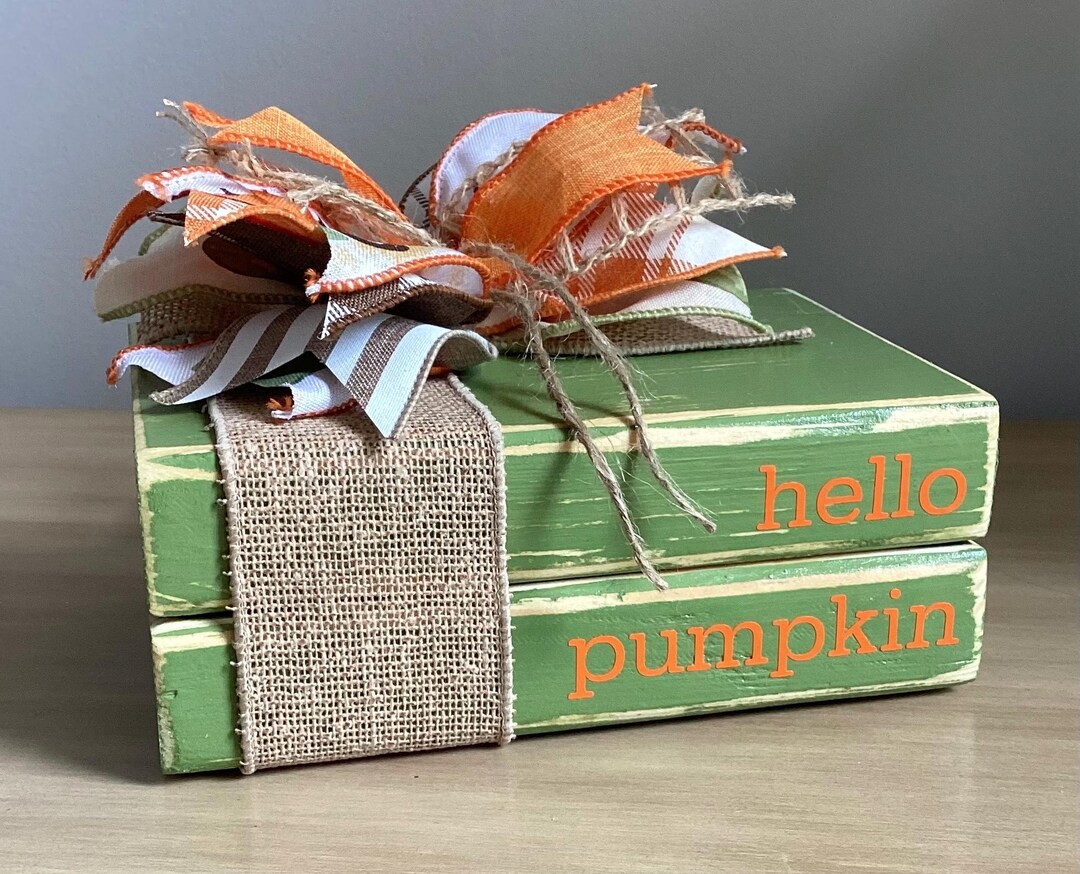 Fall Farmhouse Book Stack, Farmhouse Wooden Decoration, Hello Pumpkin ...