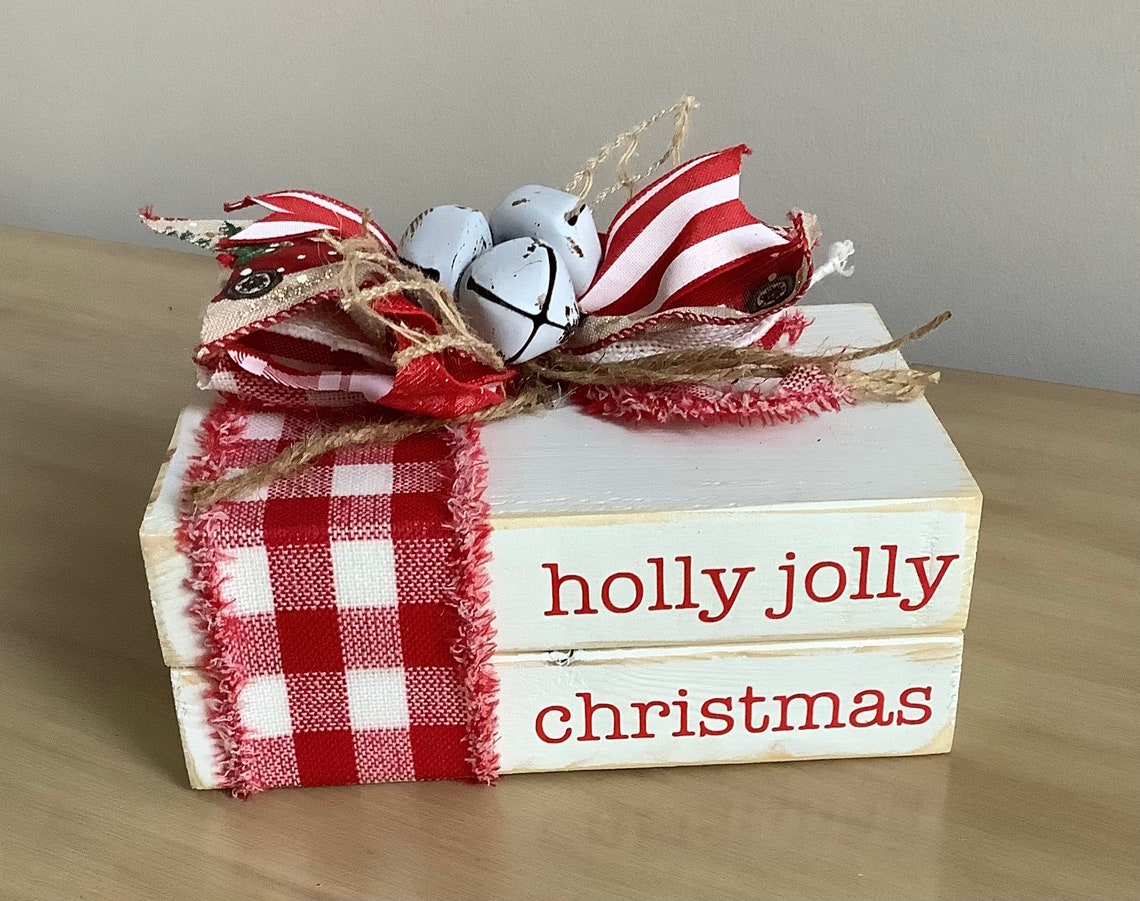 Farmhouse Book Stack farmhouse Wooden Decoration Holly Jolly - Etsy