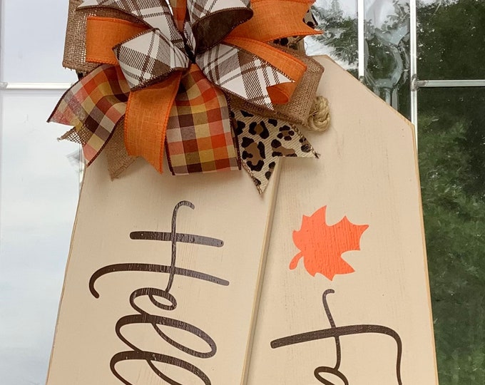 Hello Fall, Large Wooden Door Tag, Door Hanger, Farmhouse, Fall Wreath ...
