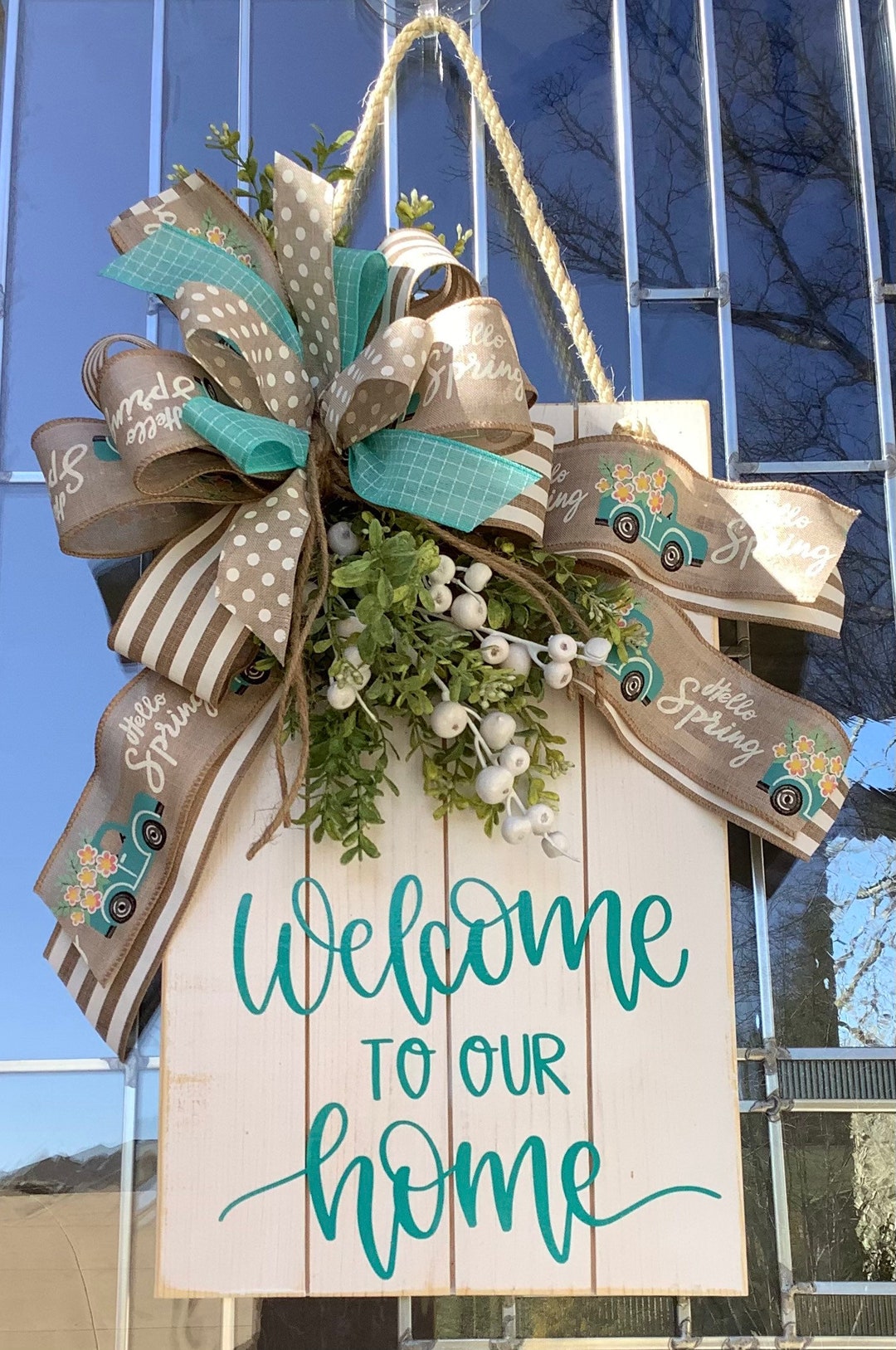 Welcome to Our Home, Large Wooden Spring Door Sign, Door Hanger, Spring ...