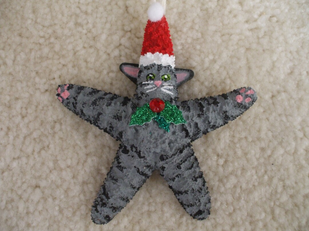 Christmas Cat, Starfish Ornament, Grey Tabby Cat, Christmas Ornament ...