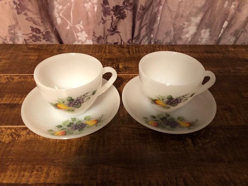 Arcopal France Teacup and Saucer; 4 Piece Set, Grapes, Pears, Vine ...