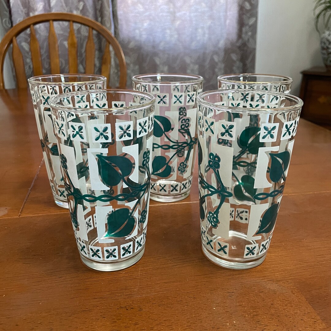 Hazel Atlas Green Ivy Vine Glassware Set - 1960s Retro Kitchen Dining ...