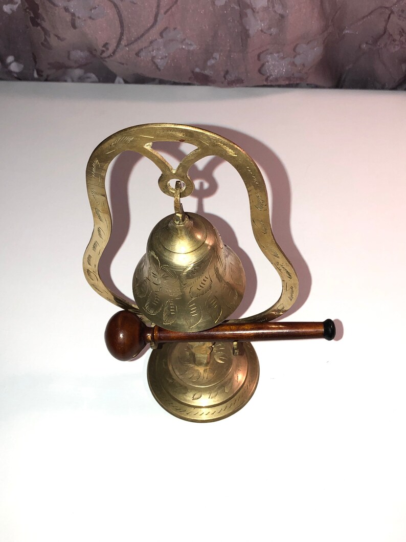 Brass Prayer Bell, Dinner Bell, Wooden Gong, Engraved Design, Removable ...