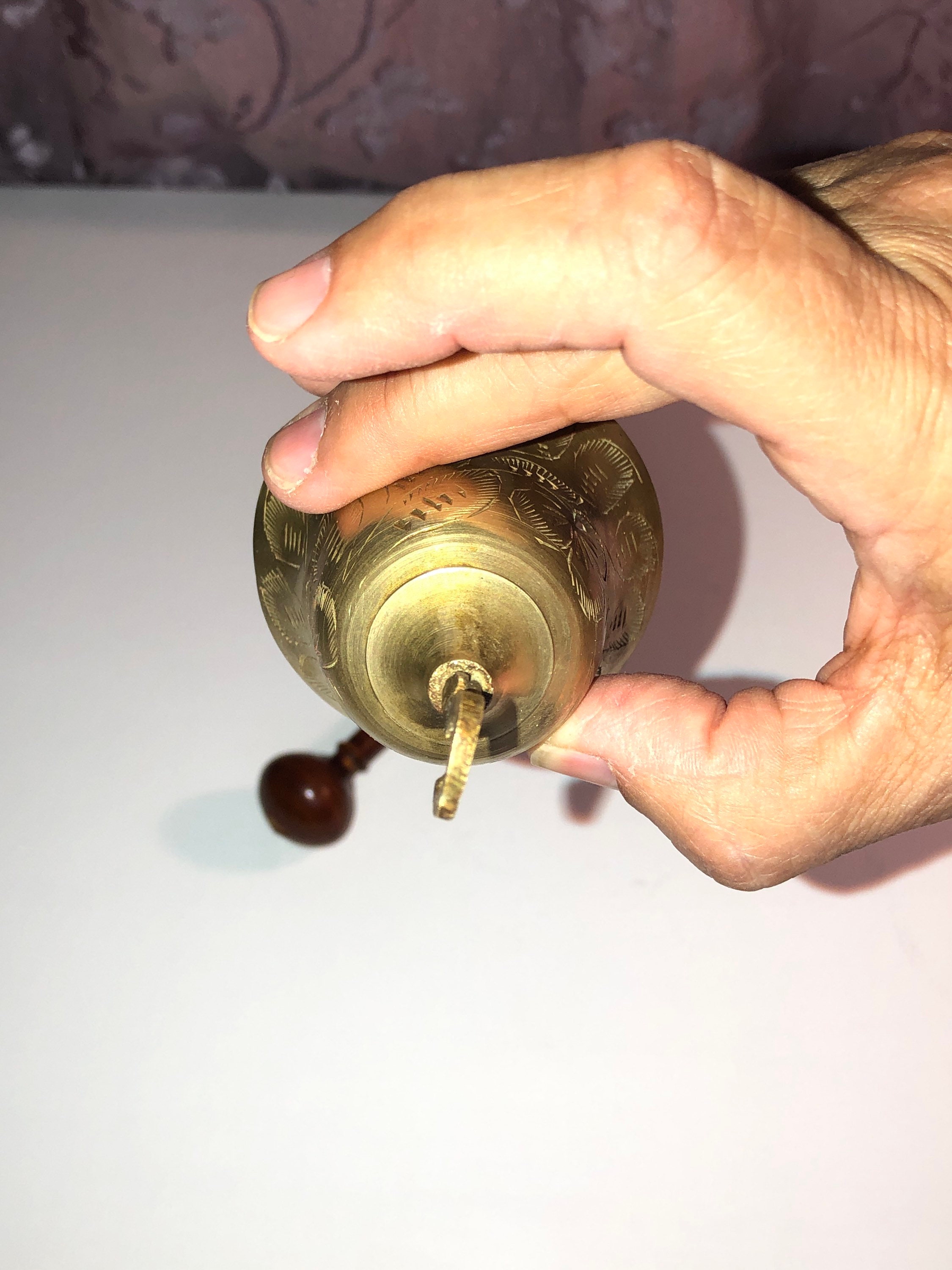 Brass Prayer Bell, Dinner Bell, Wooden Gong, Engraved Design, Removable ...