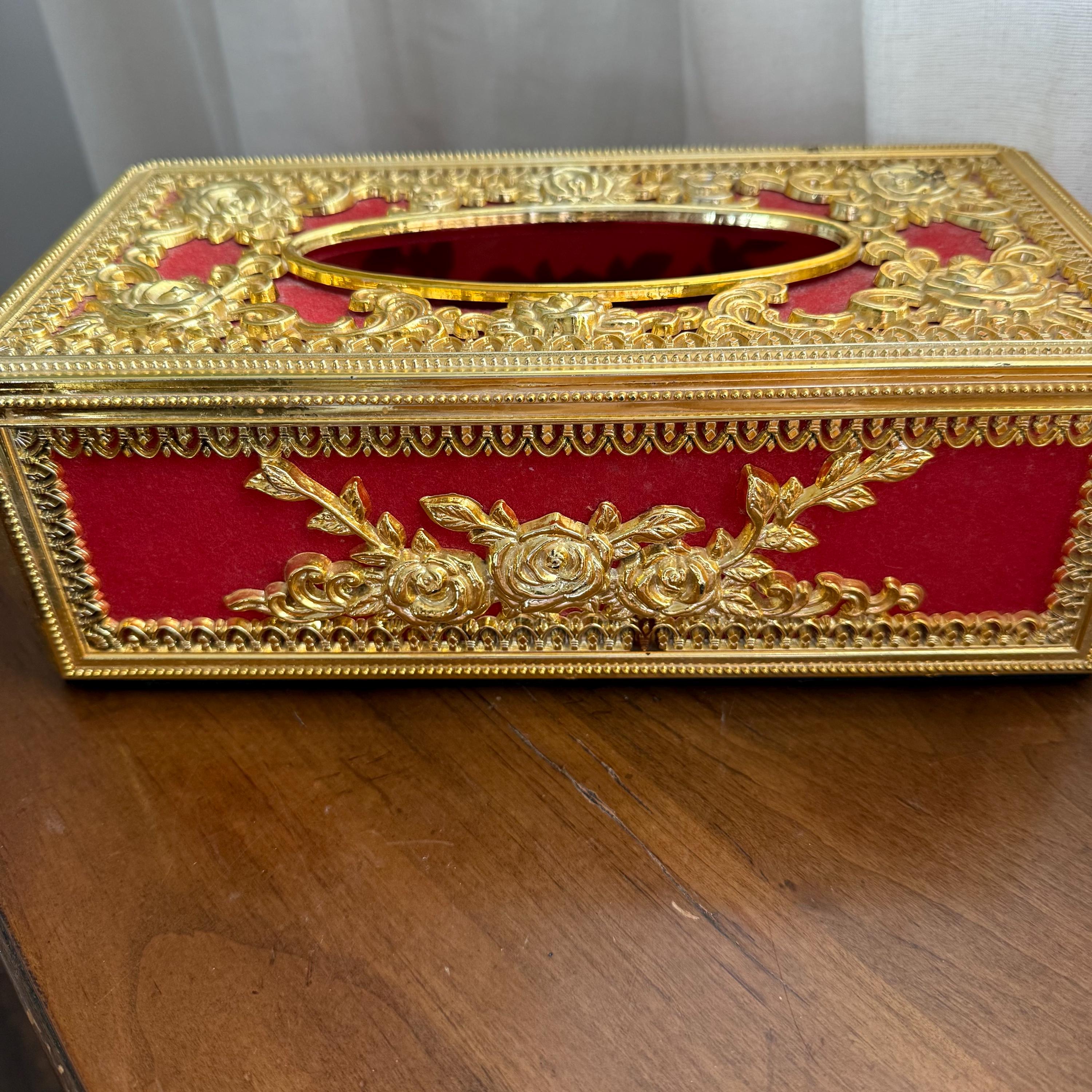 TISSUE COVER BOX, Red Velvet With Ornate Gold Plastic Embellishment ...