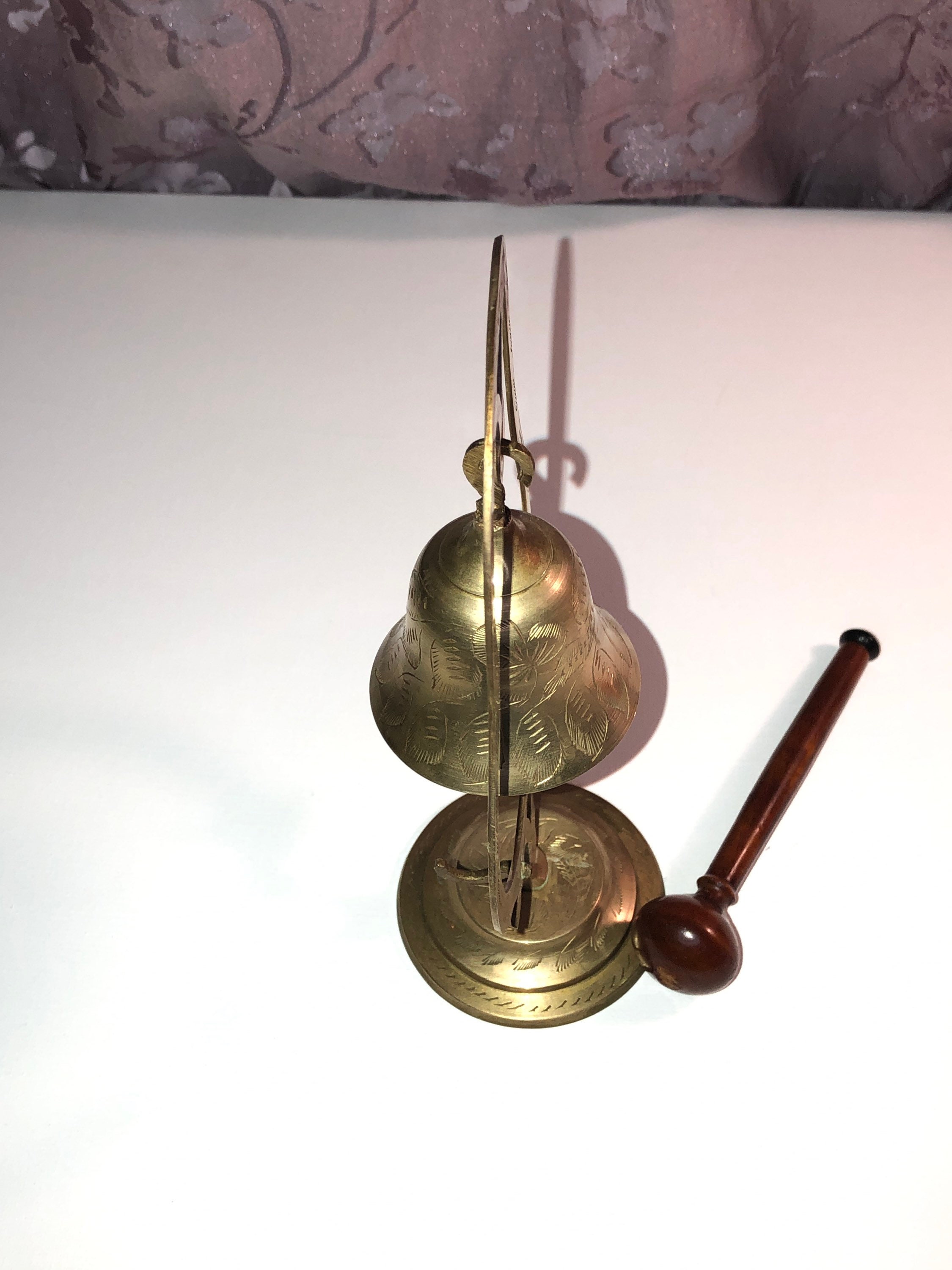 Brass Prayer Bell, Dinner Bell, Wooden Gong, Engraved Design, Removable ...
