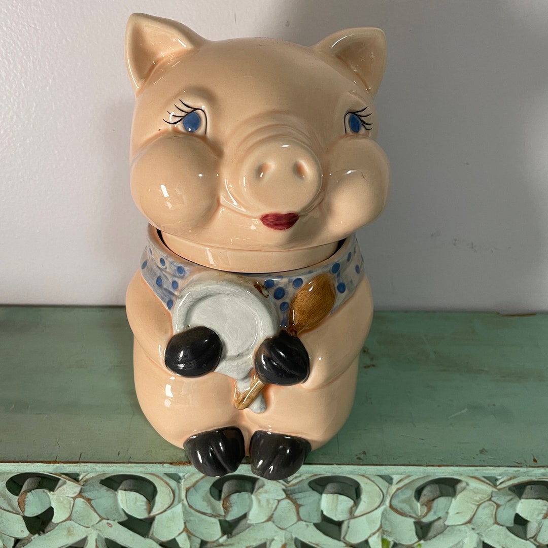 Pink Ceramic Pig, Mini Cookie Jar With White Kerchief Decorated With ...