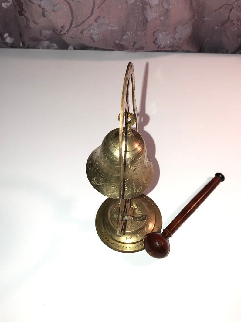 Brass Prayer Bell, Dinner Bell, Wooden Gong, Engraved Design, Removable ...