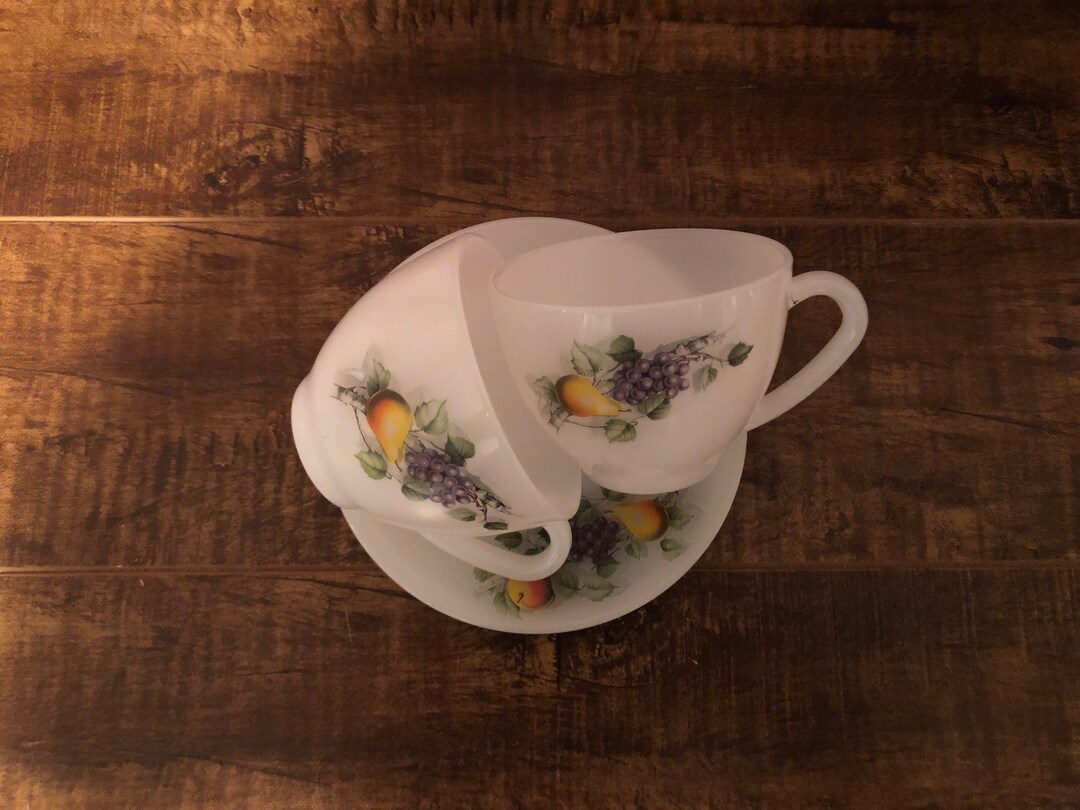 Arcopal France Teacup and Saucer; 4 Piece Set, Grapes, Pears, Vine ...