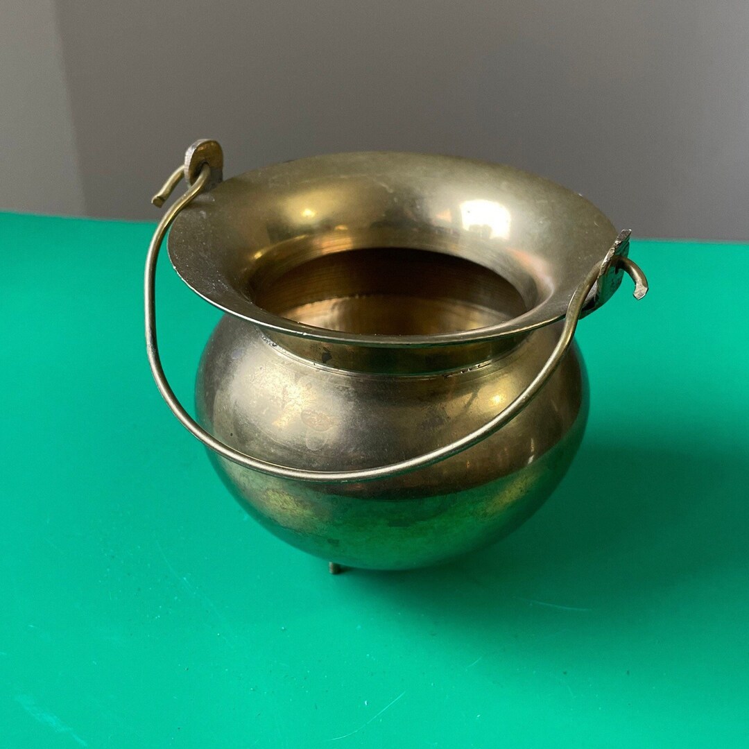 Brass Cauldron With Handle and Feet, Miniature Cauldron, Flared Opening ...