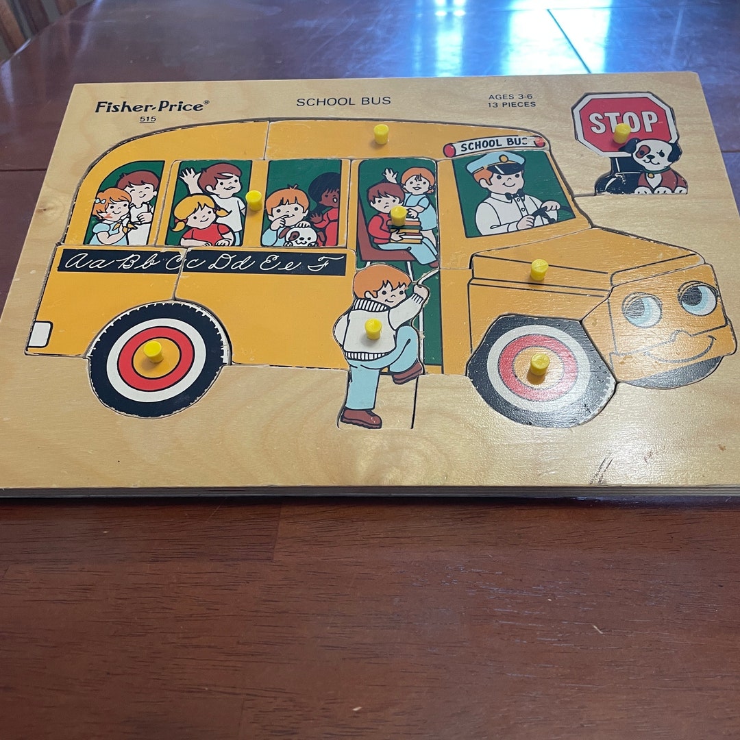 Fisher-price Wood Puzzle #515 School Bus Scene, 13 Pieces, Made in ...