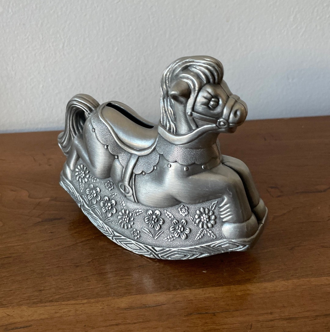Pewter Coin Bank, Rocking Horse, Nursery Decor, Sculpture, Pony, Mare ...