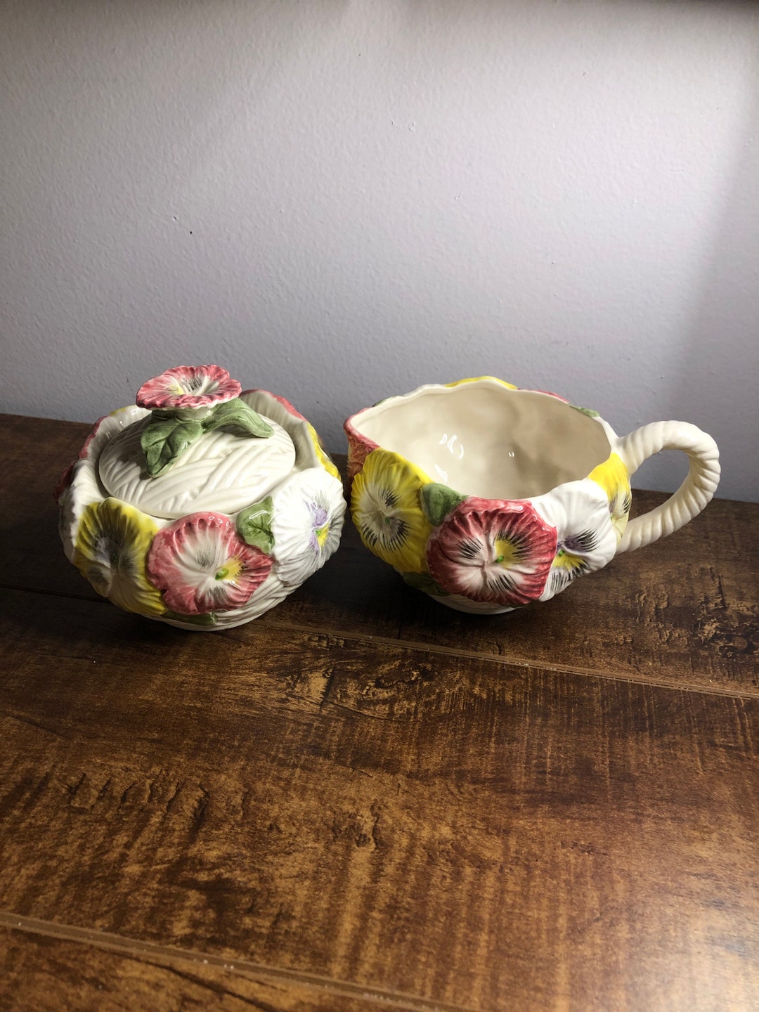 Fitz and Floyd Cream and Sugar Bowl, Basket Weave, Pansy Flower, 1990s ...